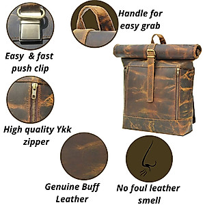 Satchel And Fable Men Leather Vintage Roll on Laptop Backpack Rucksack Bag Brown