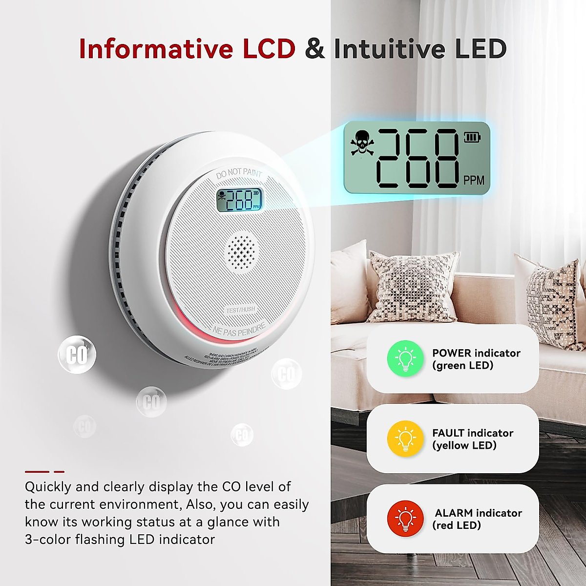 Siterlink Smart Smoke and Carbon Monoxide Detector Combo with Digital Display, 2 in 1 WiFi Fire and CO Alarm Detector, Replaceable Battery, Real-Time Notification, UL217 UL2034, 5 Pack
