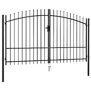 loibinfen Double Door Fence Gate with Spike Top, Garden Fence Gate Double Door Metal Steel Outdoor Fencing for Yard Driveway, Steel 9.8'x5.7' Black -AA