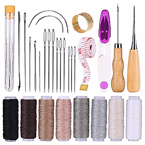 30 PCS Upholstery Repair Kit, Leather Sewing Repair Kit with Sewing Thread, Large Eye Leather Sewing Needles, Awl, Leather Hand Sewing Needles, Leather Craft Tool Kit for Leather Repair, Stitching