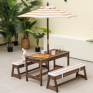 Kids Picnic Table Set with Benches and Umbrella, Foldable Wooden Table and Chair Set for Indoor and Outdoor Use, Playroom Furniture for Toddlers, Children, Baby (Brown)