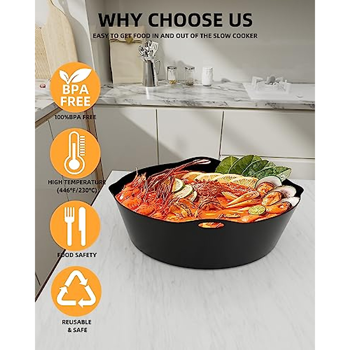 Ziimlpo Silicone Slow Cooker Liners Divider for 7-8 Quart Oval Crockpot, Reusable and Leak-proof Slow Cooker Divider Liner, BPA Free (Black）