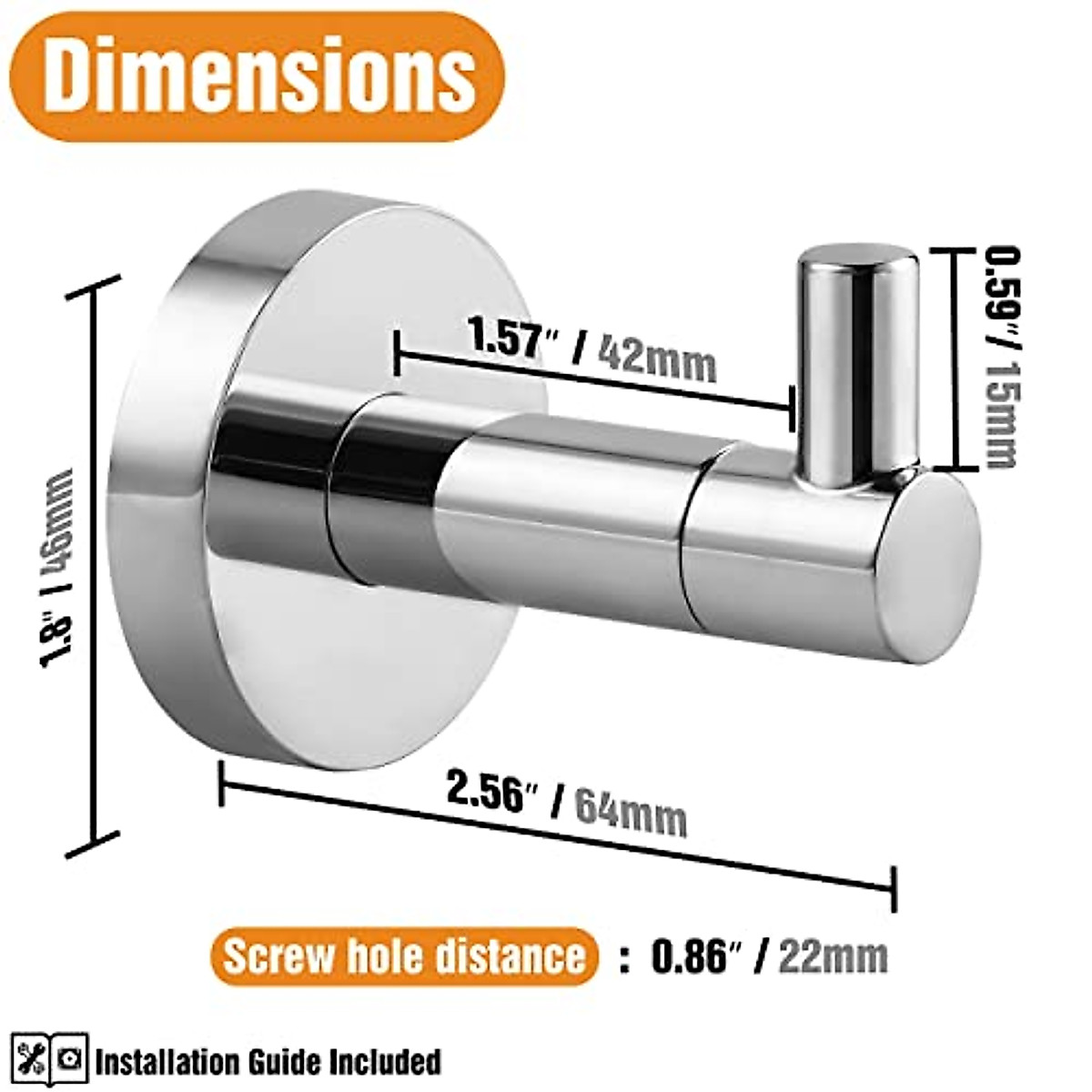 HITSLAM Chrome Towel Hooks for Bathroom Wall Mounted, Polished Chrome Wall Mount Hooks Heavy Duty Premium SUS 304 Stainless Steel Rustproof 2 Pack