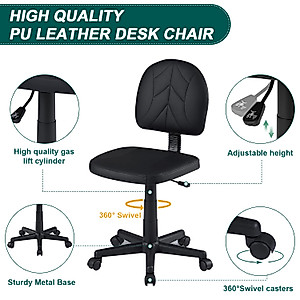 VECELO Small Desk Chair Set of 2, Home Office Chairs Low-Backrest Armless Cushion Seat PU Leather with Adjustable Height 360°Quiet Swivels for Home Office,Black