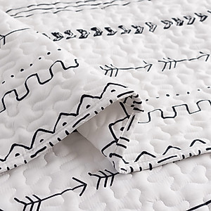 DURLENGEN White Quilt Set King Size 3Pcs,Bohemian Design with White & Black Geometric Pattern Printed on White, All Season Lightweight Coverlet Sets(King 106x96,Boho White)