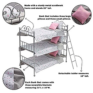 Badger Basket Toy Scrollwork Metal Triple Doll Bunk Bed with Ladder and Bedding for 18 inch Dolls - Silver/Pink