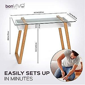 bonVIVO Massimo Small Desk - 43 Inch, Modern Computer Desk for Small Spaces, Living Room, Office and Bedroom - Study Table w/Glass Top and Shelf Space - Black