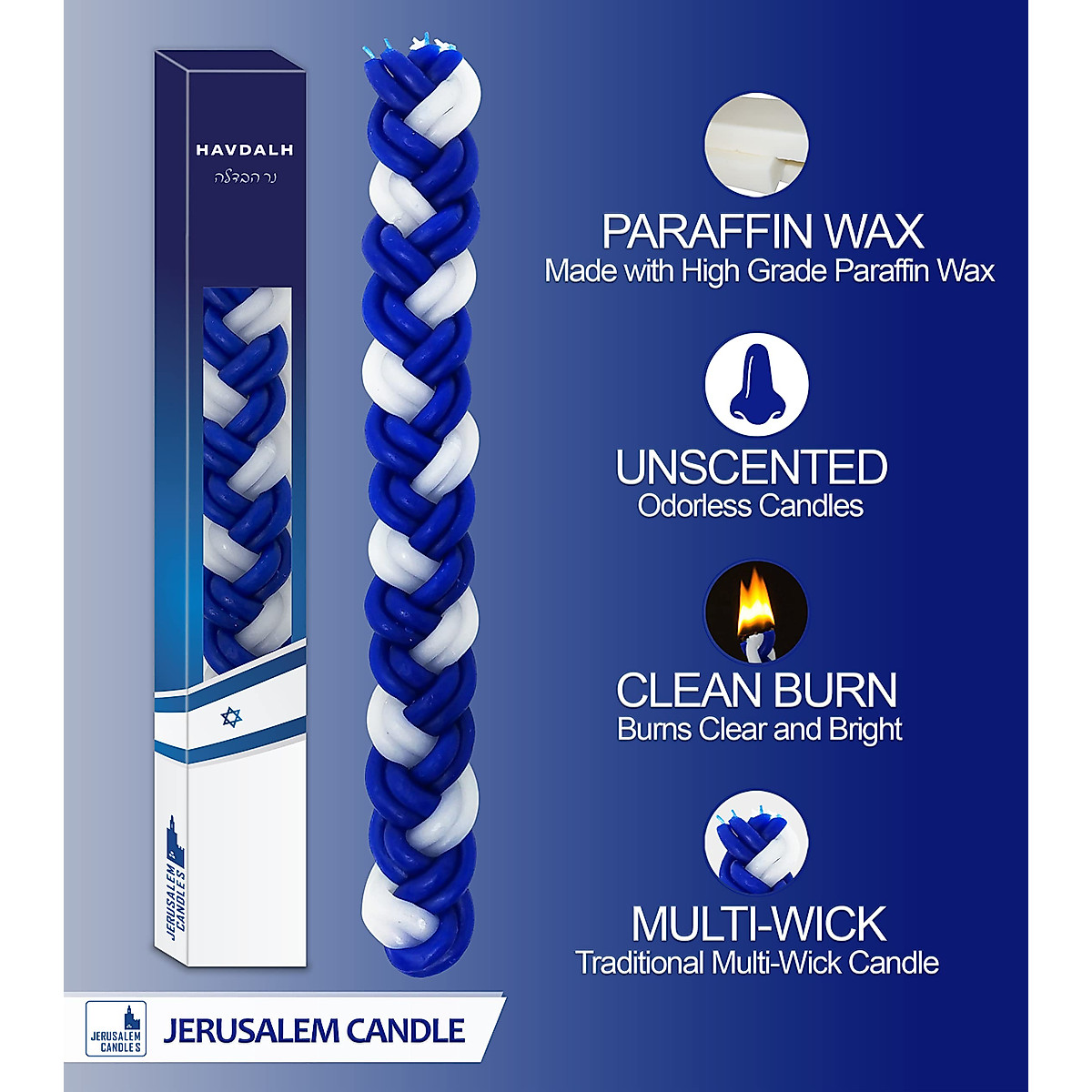 Jerusalem Candles Havdalah Candle - Braided Blue and White - Flat Havdallah Candles - 6 Pack