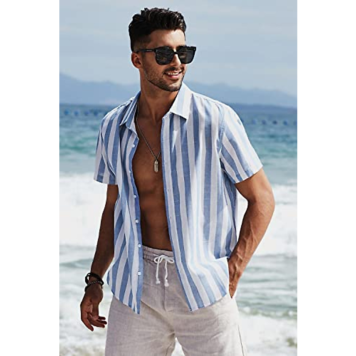 JMIERR Men's Summer Casual Stylish Short Sleeve Button-Up Shirts Cotton Linen Vertical Striped Business Dress Shirts Beach Cruise Shirt Resort Wear Old Money Aesthetic Clothes, US 43(L), Sky Blue