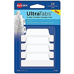 Avery Margin Ultra Tabs, 2.5" x 1", 2-Side Writable, White, 24 Repositionable Page Tabs (74789)