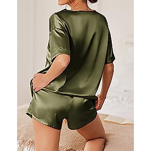 Ekouaer Silk Pajamas Womens Short Sleeve Sleepwear 2 Piece Pjs Shorts Set S-XXL Army Green
