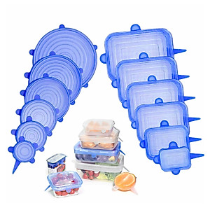 TraCol Reusable Silicone Stretch Lids, 12 Pcs Silicone Lids, 6 different Sizes BPA-free Silicone Bowl Covers for Cups, Bowls and Dish, Flexible, Round and Rectangle Fit 2.5" - 8.5” Container, Blue