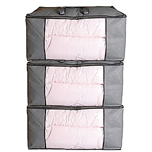 ROYTXT Fabric Organization and Storage Bins Containers Clothes Foldable Box with Handle Zipper Lids Comforters Blanket Cube Bags Dorm Room College Essentials Bedding Closet Bedroom 3 Pack, 81L, Grey