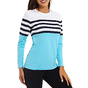 NEYOUQE Women's Summer Fall Comfort Colors Lovely Striped Long Sleeve Pullover Crewneck Travel Under Shirt Soft Aesthetic SPF Clothing Lake Blue S