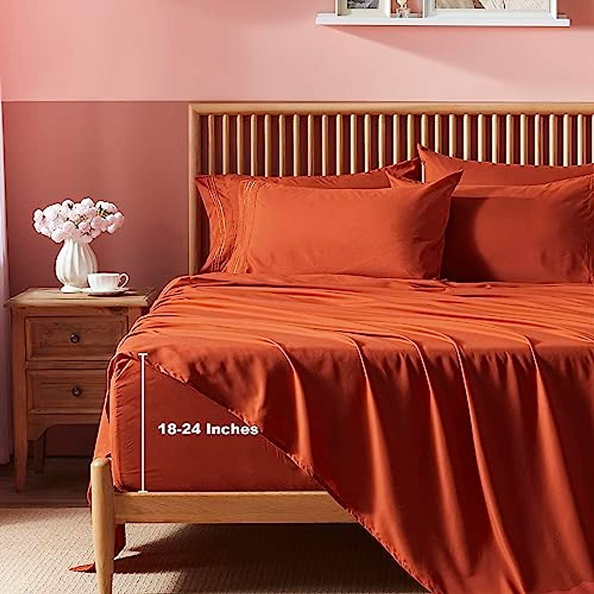 Homiest Extra Deep Pocket Cal King Size Sheets Set, 6 Pieces Soft Burnt Orange Sheets 18-24 Inch Deep Pocket Bed Sheets, Hotel Luxury 1800 Thread Count Microfiber Bed Set Fits Ultra Deep Mattress