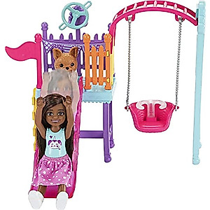 Barbie Chelsea Swing Set Playset with Chelsea Doll (6 in Brunette) Wearing Star-Print Skirt, Pet Puppy, Swing & Slide, Gift for 3 to 7 Year Olds