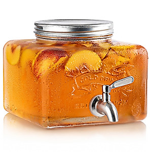 MosJos Glass Drink Dispenser for Fridge - Stainless Steel Spigot Mason Jar Dispenser with Wide Opening & Easy-Fill - Beverage Storage for Outdoor, Water, Iced Tea, Juice, Sangria & Detergent, 1 GALLON