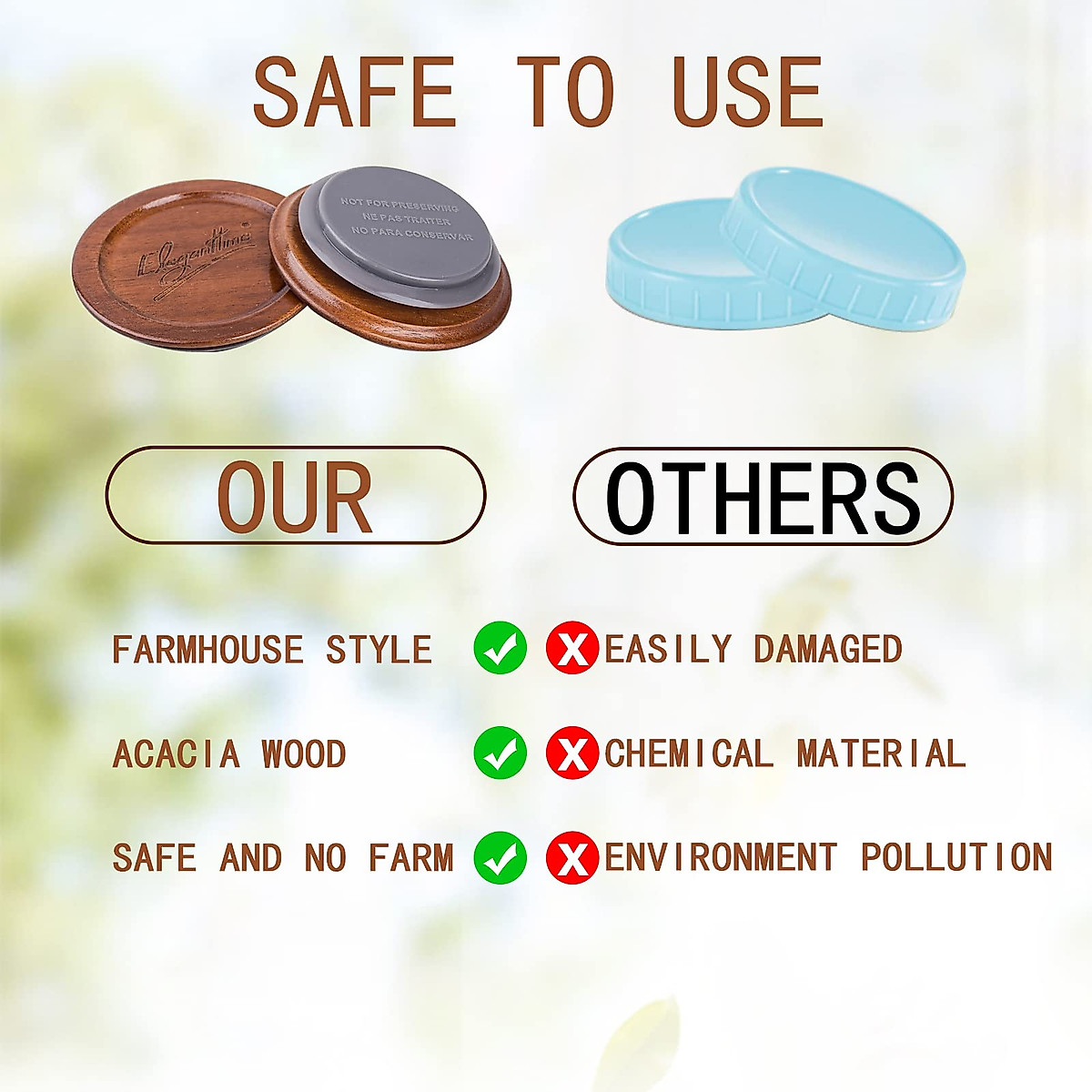 Eleganttime Wide Mouth Mason Jar Lids, 6 Pack Wooden Storage Lid with Silicone Sealing for Ball Mason Jar Canning Jars