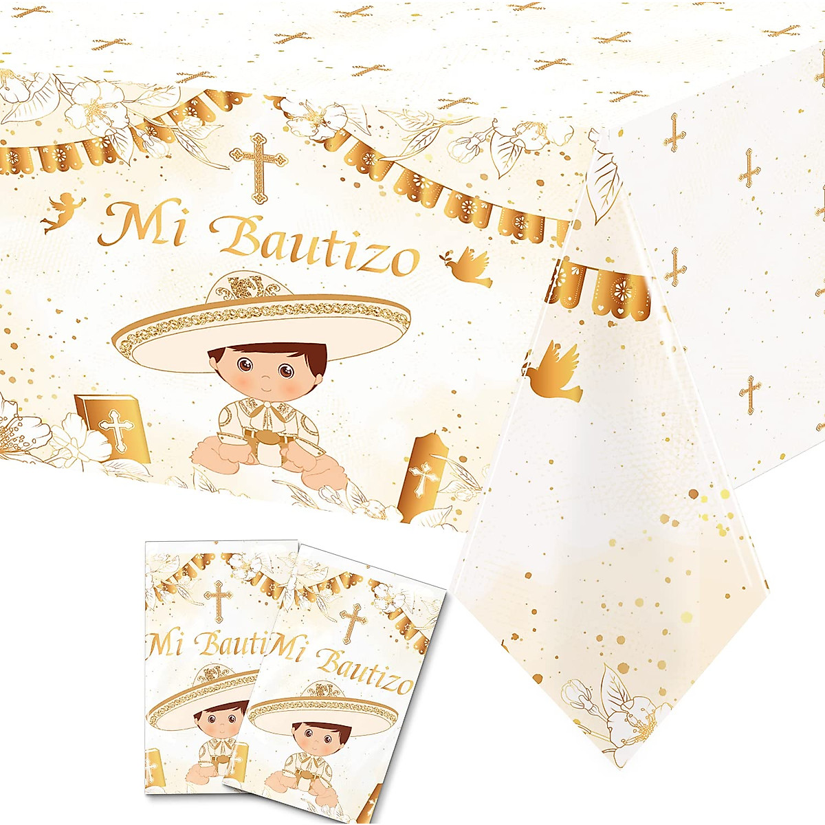 GREHUMOR Mi Bautizo Decoration-First Communion Tablecloth for Boy God Bless,Baptism Party Decoration Christening Party Supplies 2PC