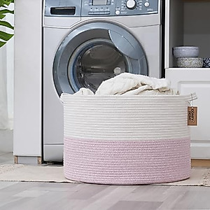 COMFY-HOMI New Extra Large Blanket Storage Basket 21''x21''x13.6''|Toy Organizers and Storage|Cotton Rope Woven Round Basket for Blanket|Baby Basket for Newborn-White/Pink