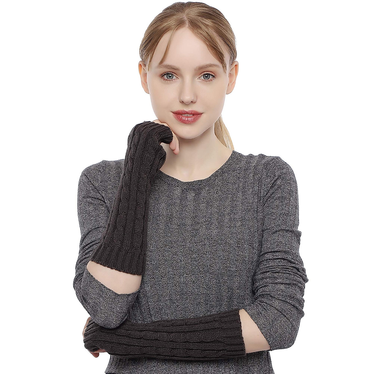 Flammi Women's Cable Knit Arm Warmers Fingerless Gloves Thumb Hole Gloves Mittens (Grey)