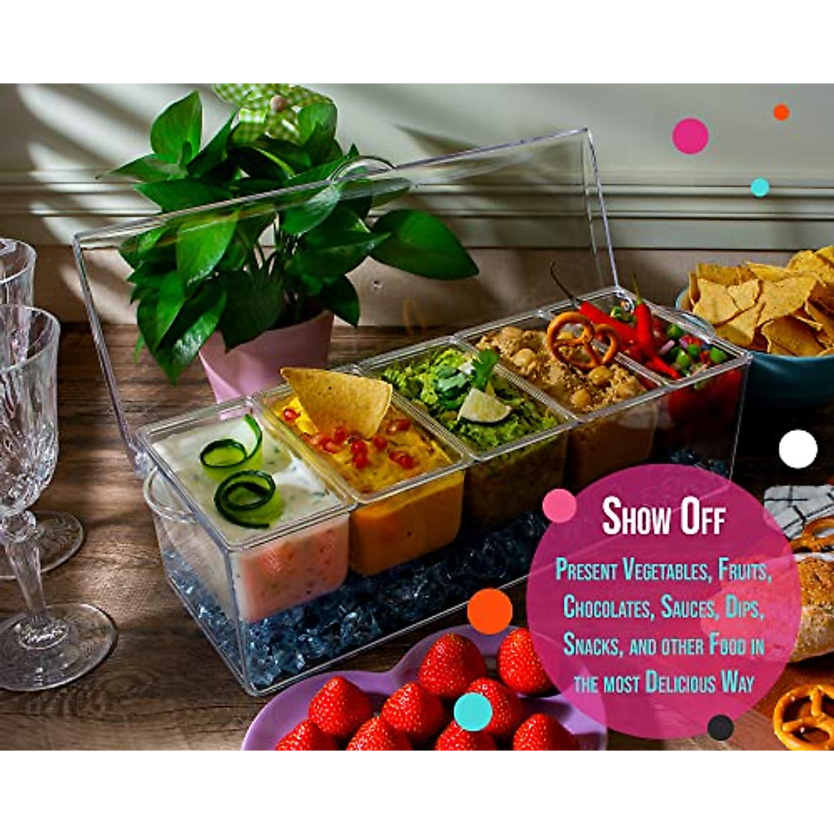 gesPINK Condiment Server with Small Lids, Bar Condiment Tray with Lid, Garnish Tray Bar Fruit Caddy with Lid, Chilled Condiment Server for Parties, Plus Utensils