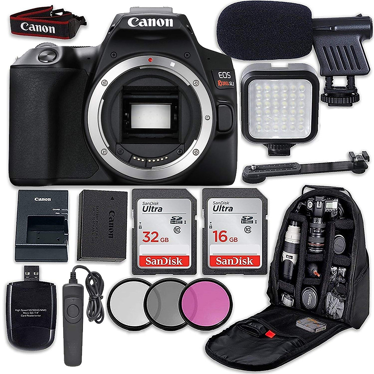 Canon EOS Rebel SL3 DSLR Camera (Body Only) + LED Light + Microphone + Video Accessory Bundle