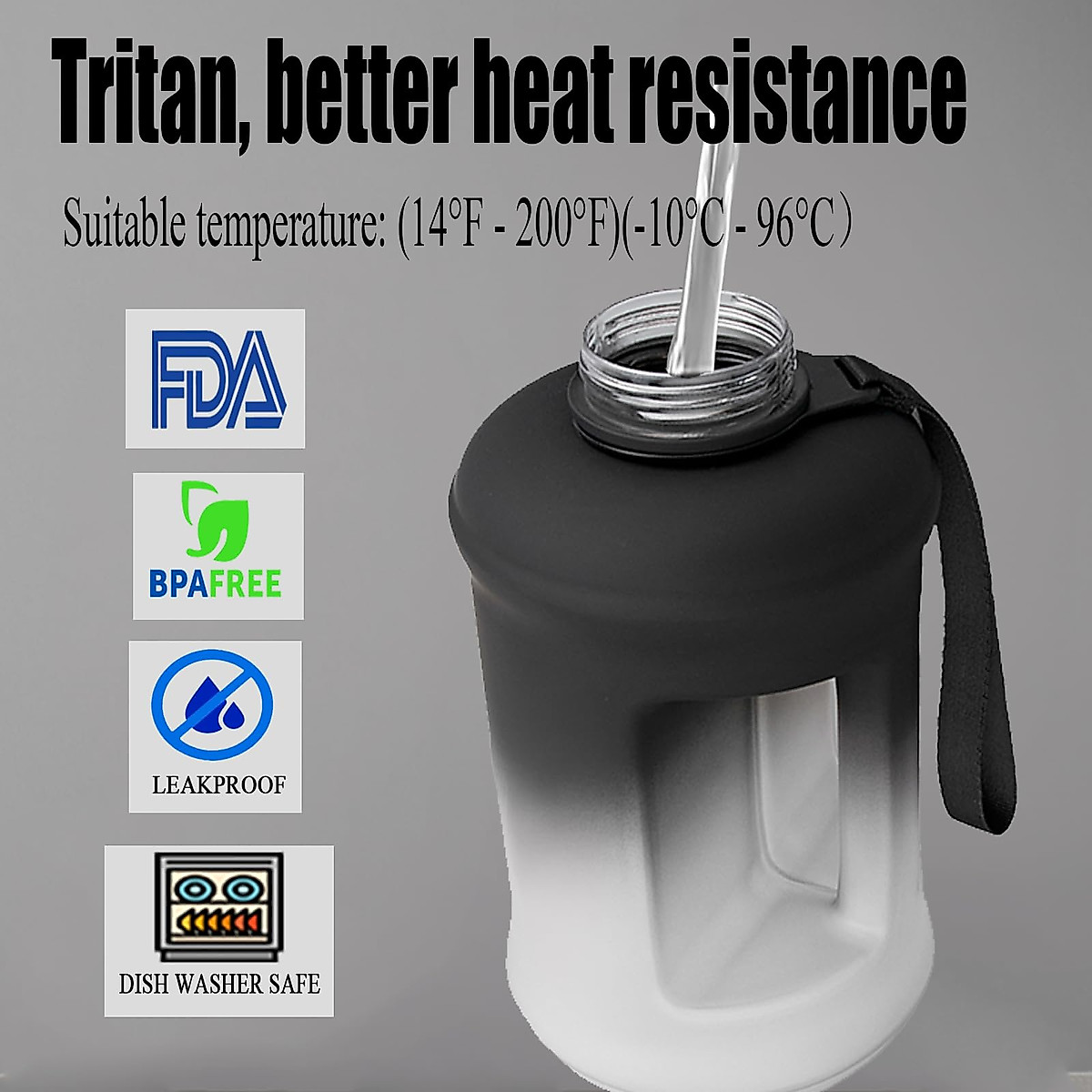 POPOACTI Sports Water Bottle, 63 Oz/1800mL, Leak Proof BPA Free Travel Outdoor For Men Women (Gradient_Black)