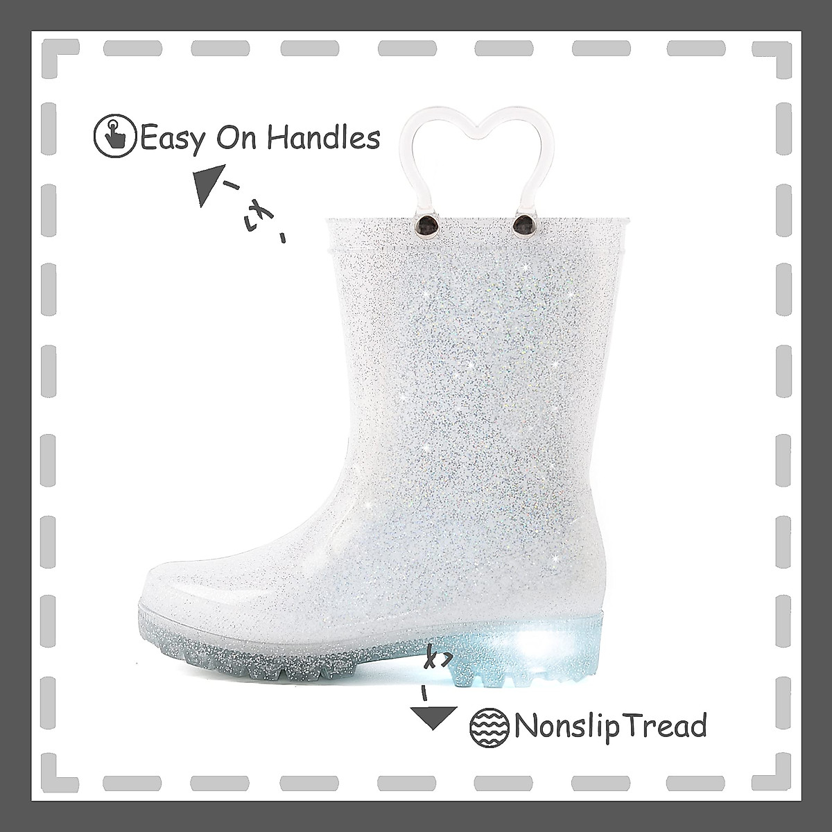 Outee Toddler Girls Rain Boots Kids Baby Light Up Glitter Waterproof Rubber Mud Shoes Lightweight Sparkle Silver Adorable with Easy-On Handles Non Slip (Size 9,Silver)