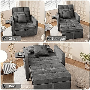 Vabches Sofa Bed Chair with Wing Table and USB Ports Outlet, 3-in-1 Sofa Chair Bed with Two Pillows, Velvet Sleeper Chair with Adjustable Backrest, Easy Assembly, Dark Grey
