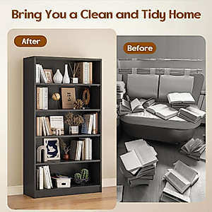 Bookcases and Book Shelves 5 Shelf, Corner Wood Storage Bookshelf Open Large Bookcase Closed Back Shelves Big Book Case for Bedroom Living Room 33" Wide 60" Tall High 10" Deep 5 Tier