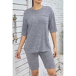 Pj Short Set Women's Pajama Sets Loose Casual Ribbed Knit Matching Outfits T-shirt Biker Shorts Sleepwear Loungewear Sweatsuits Light Blue