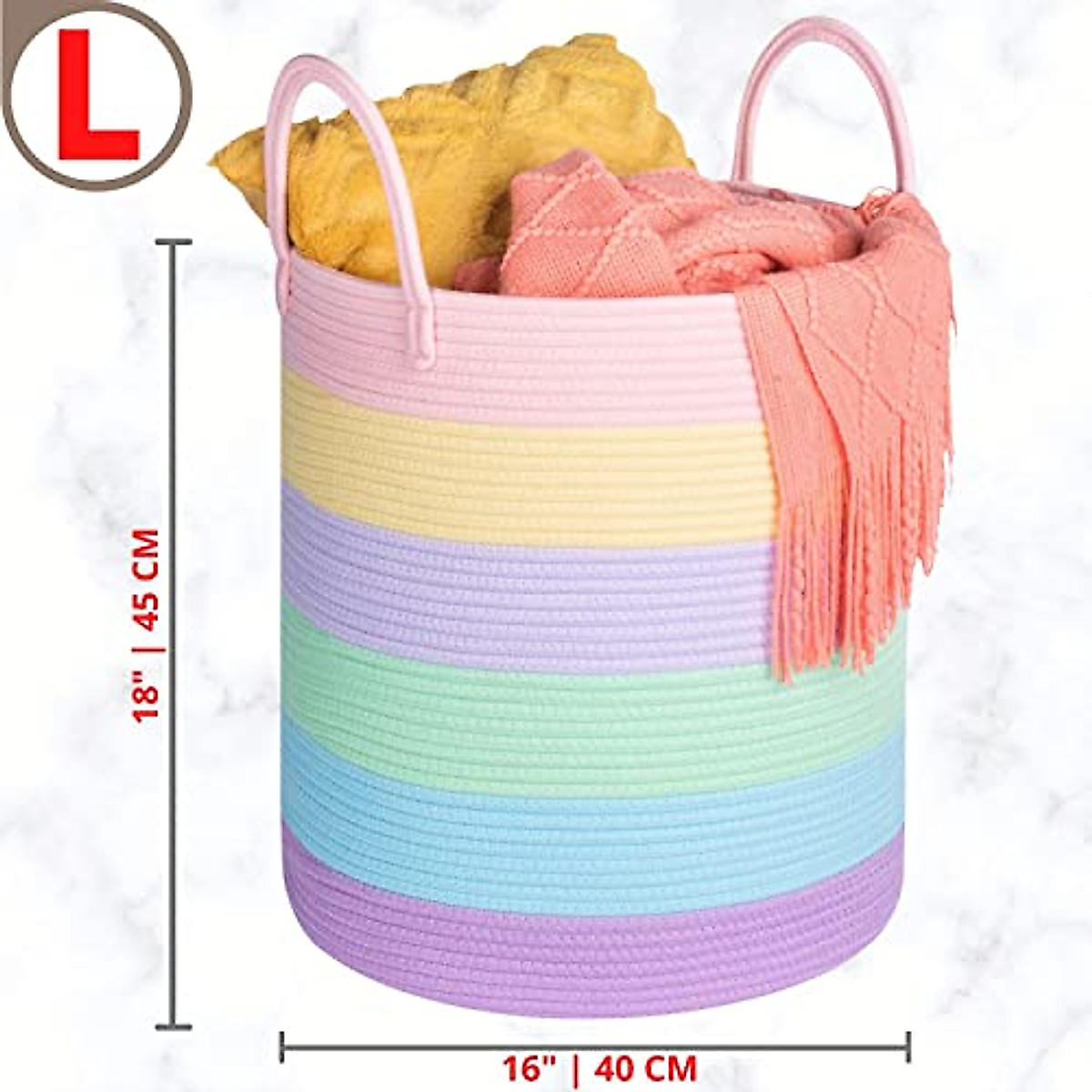 MINTWOOD Design Large Decorative Woven Cotton Rope Basket, Tall Laundry Basket Hamper, Blanket Basket for Living Room, Storage Baskets for Toys, Towel, Throw, Pillow, 60L Pastel Rainbow