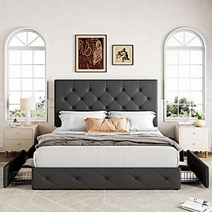 Allewie Upholstered Queen Size Platform Bed Frame with 4 Storage Drawers and Headboard, Diamond Stitched Button Tufted Mattress Foundation with Wooden Slats Support, No Box Spring Needed, Dark Grey
