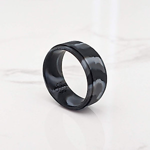 Knot Theory Black Marble Silicone Ring Men - Size 8 Step Edge 9mm Wide Rubber Wedding Band - Gym Workout Weight-Lift Ring