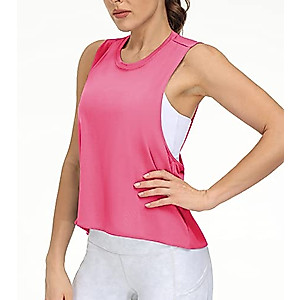 THE GYM PEOPLE Women's Open Cross Back Workout Tank Tops Loose Fit Sleeveless Yoga Running Shirts Bright Pink