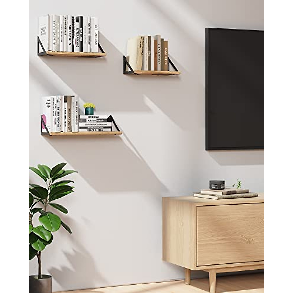 BAYKA Floating Shelves for Bedroom Decor, Rustic Wood Wall Shelves for Living Room Wall Mounted, Hanging Shelving for Bathroom, Laundry Room, Small Shelf for Plants, Books(Brown,Set of 3)