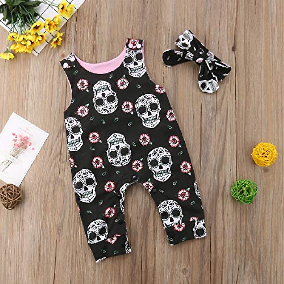 Newborn Infant Baby Girl/Boy Halloween Clothes Skull Floral Romper Jumpsuit Sleeveless Bodysuit Headband Outfit (0-6M, Black)