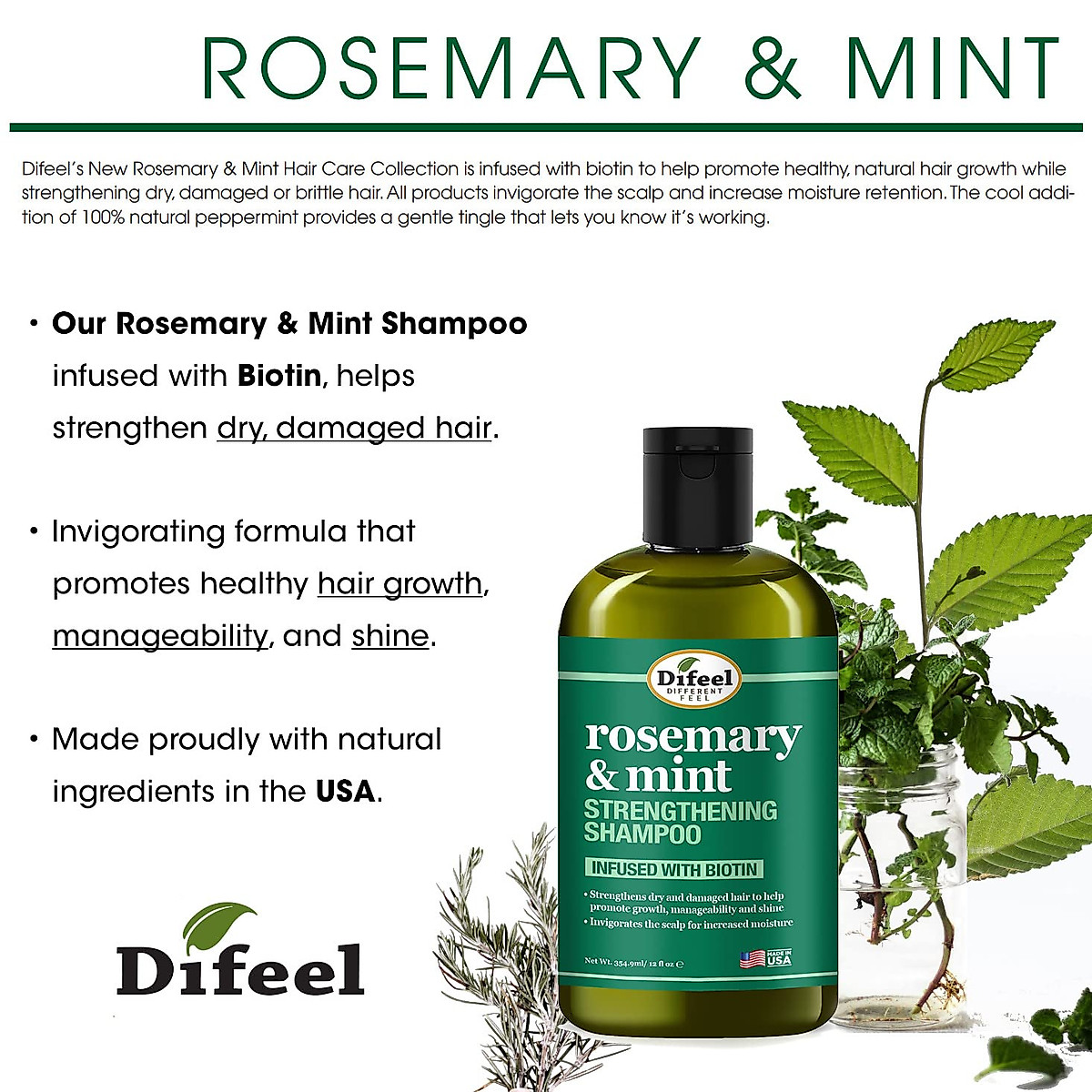 Difeel Rosemary Mint Strengthening Shampoo with Biotin 12 oz. - Made with Natural Rosemary Oil for Hair Growth