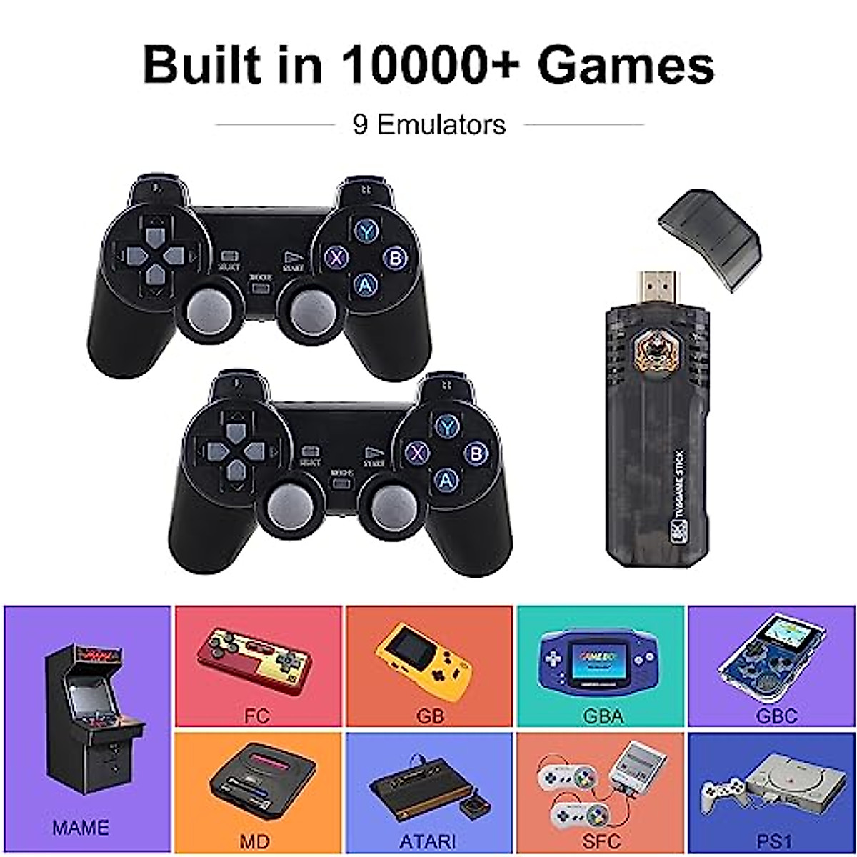 Wireless Retro Game Stick, HDMI 8K TV Input, Plug and Play Video Game Stick Built in 10000+ Games with Dual System HD + Android Tv Box