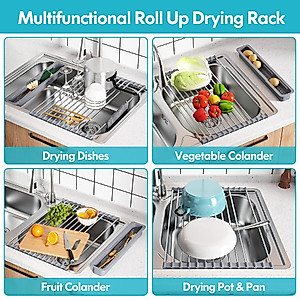 BOOSINY Roll Up Dish Drying Rack, Over The Sink Dryer Rack for Kitchen Counter (12.8"-23.3" x 12.8"), Expandable 304 Stainless Steel Dish Drainer for Inside Sink, Sink Cover with Utensil Holder