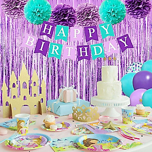 Purple Green Birthday Decorations, Purple Blue Party Balloons with Happy Birthday Banner and Purple Turquoise Fringe Curtain Pompom for Girl Women Birthday Baby Shower Party Decorations