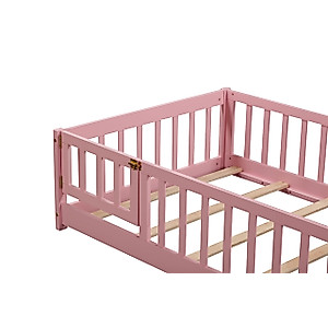Brafab Montessori Floor Bed with Safety Guardrails and Convertible Door, Twin Size Solid Pine Wood Floor Bed Frame with Slats, Full Length Fence for Girls, Boys, Child Bedroom, Kids Playroom (Pink)