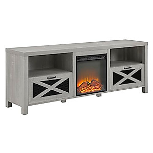 Walker Edison Calgary Industrial Farmhouse X-Drawer Metal Mesh and Wood Fireplace TV Stand for TVs up to 80 Inches, 70 Inch, Stone Grey