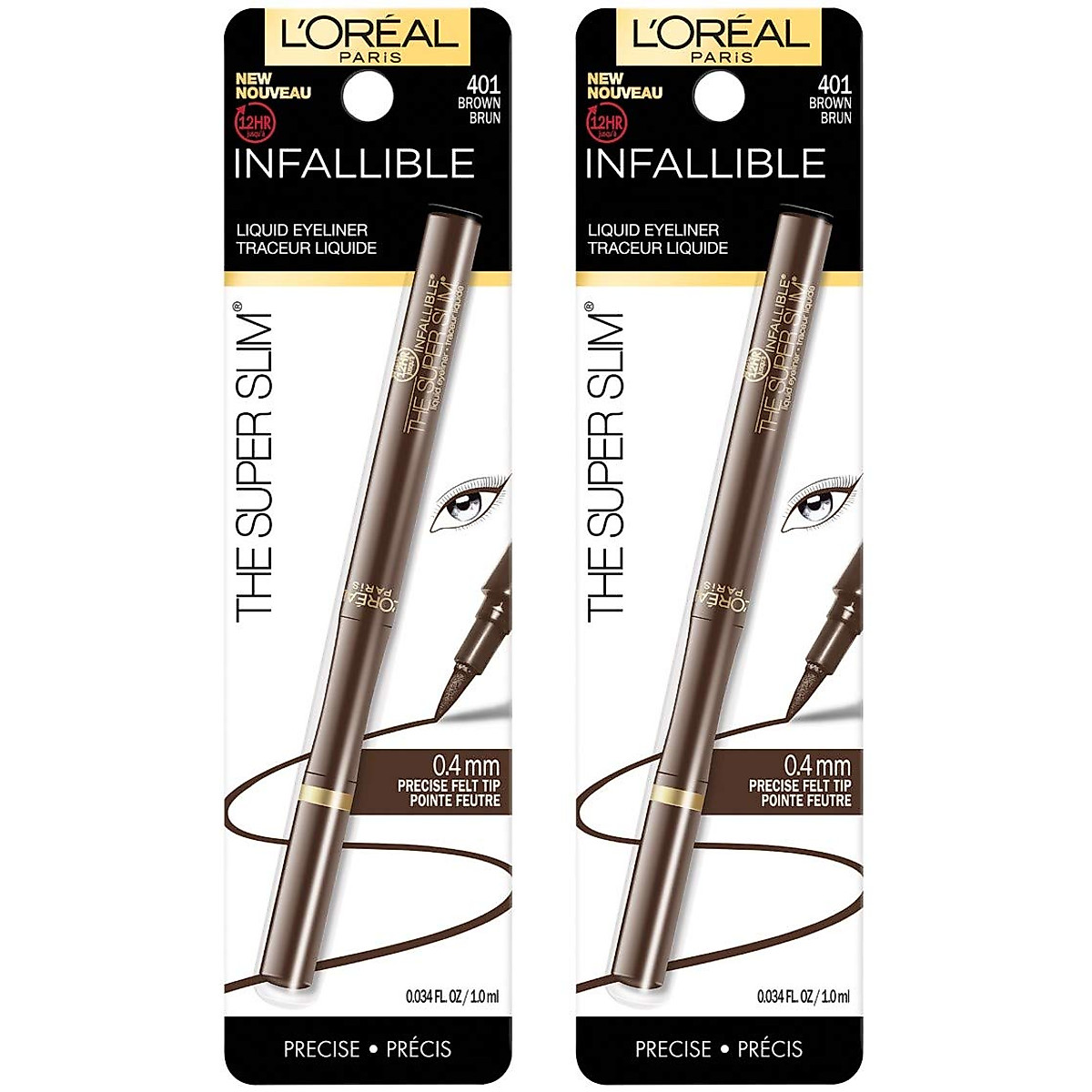 L'Oreal Paris Makeup Infallible Super Slim Long-Lasting Liquid Eyeliner, Ultra-Fine Felt Tip, Quick Drying Formula, Glides on Smoothly, Brown, Pack of 2
