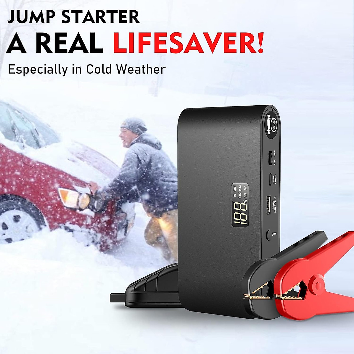 3000A Peak Battery Jump Starter 16000mAh Jump Pack 1600A Rated 12V with Jumper Cables, Portable Battery Booster with USB QC 3.0 PD 18W Fast Charging for Car 7.2L Gas/5.5L Diesel Engine