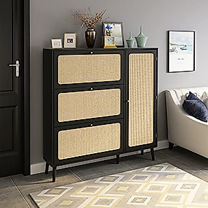 FOKWE Natural Rattan Shoe Cabinet, Shoe Cabinet with 3 Flip Drawers and Storage Shelves, Modern 3-Tier Shoe Rack Storage Cabinet for Entryway, Hallway, Bedroom(Black)