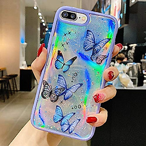 LCHULLE Girly Case for iPhone SE 2022/3rd Case iPhone SE 2020/2nd iPhone 7 iPhone 8 Case Cute Iridescent Butterfly Design Laser Bling Glitter Girls Women Soft TPU Bumper Drop Protection Cover, Purple