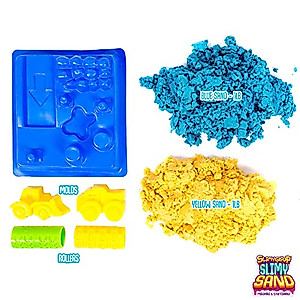 SlimySand Construction, 2 Pounds of SlimySand (Blue and Yellow), 3 Fun 3D Molds, 2 Rollers & 1 Reusable Box For Hours Endless Hours of Play. Super Stretchy & Moldable!