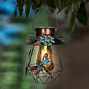 Solar Lantern Outdoor Hanging Octagon Lanterns Garden Wall Light Retro Metal Decorative LED Solar Flower Dragonfly Lamp with Handle for Table Yard Pathway Patio Porch Tree Fence